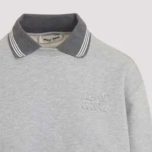 Miu Miu Cotton Sweatshirt With Embroidered Logo And Striped Collar