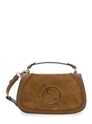 Gucci Blondie Handbag With Gg Logo Plaque In Suede - Brown