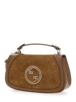 Gucci Blondie Handbag With Gg Logo Plaque In Suede - Brown