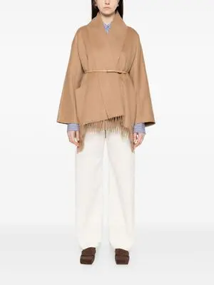Max Mara Wool Coat With Shawl Lapels And Fringed Hem - Multicolor