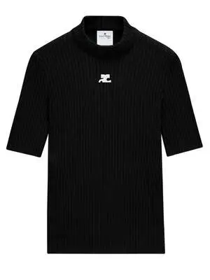 COURREGES Rib Knit High Neck Top - Black