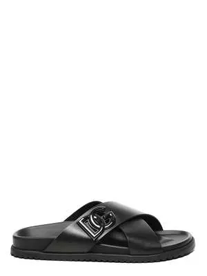 Dolce & Gabbana DOLCE & GABBANA Calfskin Cross Strap Sandals With DG Logo Black