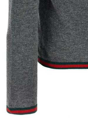Gucci Cashmere High Neck Sweater With Web Ribbon - Gray