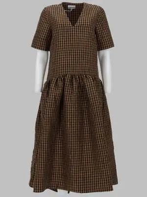 GANNI V-neck Checked Recycled Polyester Dress - Brown