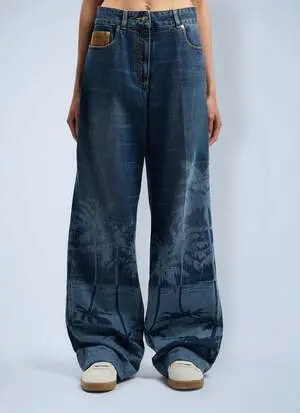 Palm Angels Loose Denim Pants With Palm Tree Motif - Blue