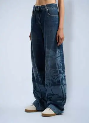 Palm Angels Loose Denim Pants With Palm Tree Motif