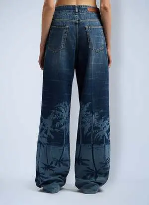 Palm Angels Loose Denim Pants With Palm Tree Motif