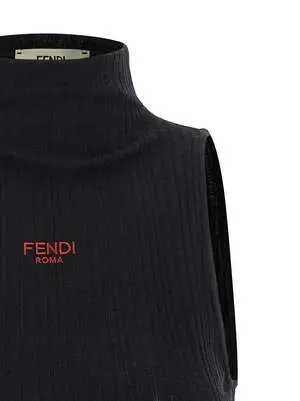 Fendi Ribbed High Neck Top With Ruffled Hem