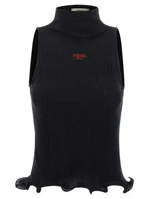 Fendi Ribbed High Neck Top With Ruffled Hem - Black