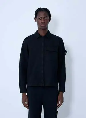 Stone Island Cotton Zip-up Shirt With Compass Patch - Black