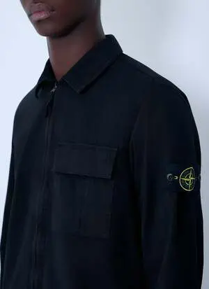 Stone Island Cotton Zip-up Shirt With Compass Patch - Black