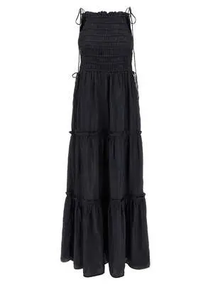 GANNI Smocked Viscose Maxi Dress - Gray