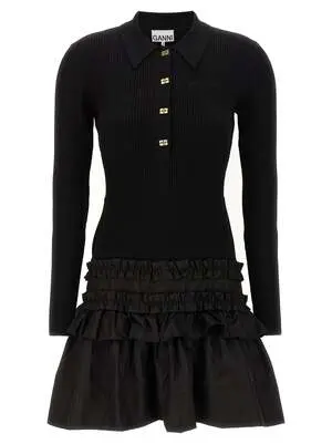 GANNI Rib Knit Polo Mini Dress With Ruffled Skirt - Black