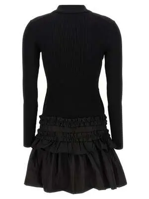 GANNI Rib Knit Polo Mini Dress With Ruffled Skirt