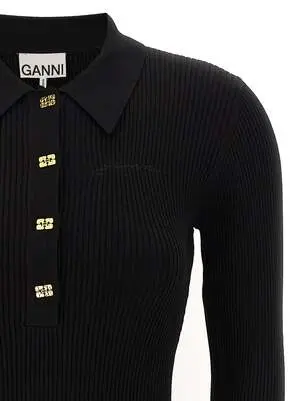 GANNI Rib Knit Polo Mini Dress With Ruffled Skirt