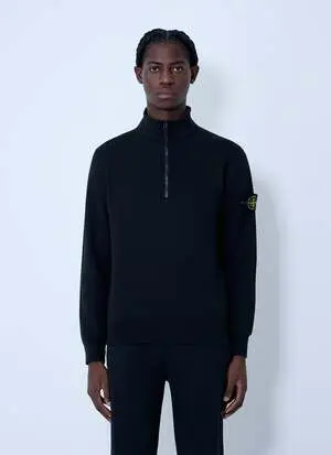 Stone Island Cotton Knit Zip-up Sweater With Compass Patch - Black