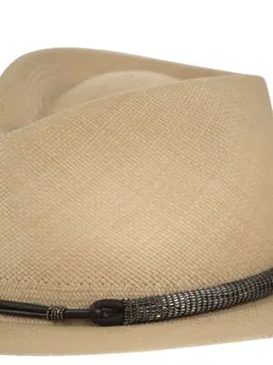 Brunello Cucinelli Straw Fedora Hat With Embellished Leather Band - Cream