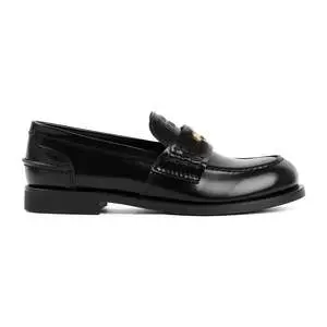 Miu Miu Leather Loafers With Metal Plaque - Black