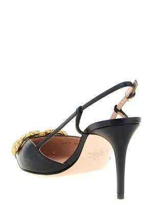 Valentino Garavani Slingback Vlogo Signature Embellished Leather Heels - Black