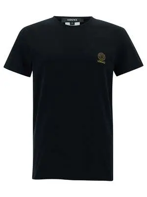 Versace Crewneck T-shirt With Medusa Logo Print In Stretch Cotton - Black