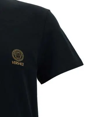 Versace Crewneck T-shirt With Medusa Logo Print In Stretch Cotton - Black