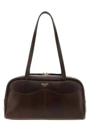 Prada Dark Leather Large Carry Shoulder Bag - Brown