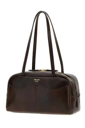Prada Dark Leather Large Carry Shoulder Bag - Brown