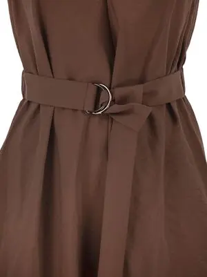 Brunello Cucinelli Techno Cotton Poplin Dress With Belt And Embellished Shoulders - Brown