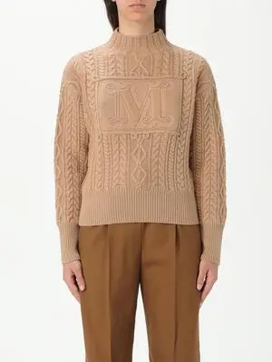 Max Mara Camel Cable Knit Sweater With Embossed Monogram