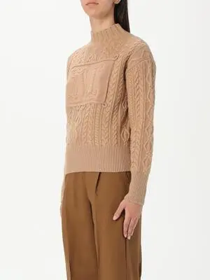 Max Mara Camel Cable Knit Sweater With Embossed Monogram