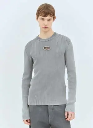 DIESEL® K-darin-r Ribbed Cotton Jersey Long Sleeve Top With Chest Logo Plaque - Gray