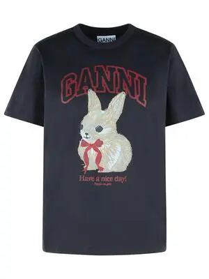 GANNI Cotton T-shirt With Puppy Logo - Gray
