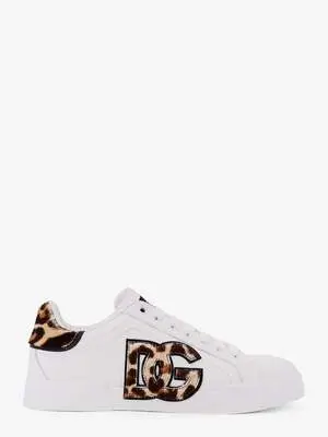Dolce & Gabbana Portofino Leather Light Strobel Sneakers With Animal Print Logo Patch