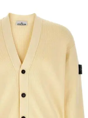 Stone Island 5100009 Ribbed Cotton V-neck Cardigan - Cream