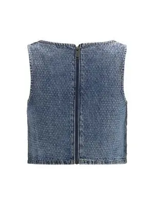 SELF-PORTRAIT Rhinestone Denim Cropped Top - Blue