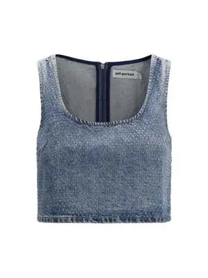 SELF-PORTRAIT Rhinestone Denim Cropped Top - Blue
