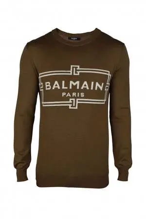 Balmain Khaki Wool Sweater With White Logo - Yellow