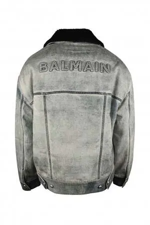 Balmain Denim Jacket With Embossed Logo And Black Collar