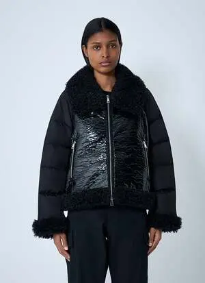 Moncler Short Padded Jacket With Shearling Trims And Glossy Panel