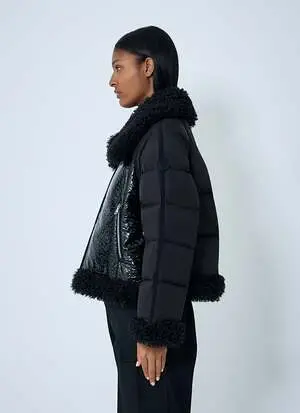 Moncler Short Padded Jacket With Shearling Trims And Glossy Panel
