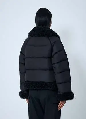 Moncler Short Padded Jacket With Shearling Trims And Glossy Panel