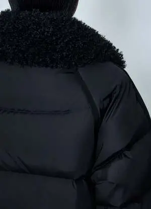Moncler Short Padded Jacket With Shearling Trims And Glossy Panel