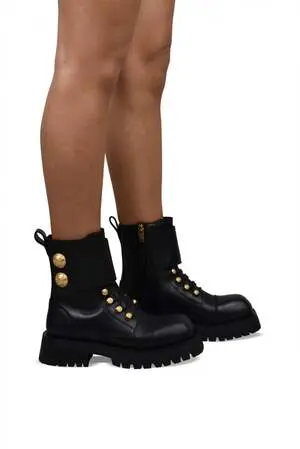 Balmain Leather Ranger Army Boots With Gold Embossed Button Detail - Black