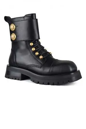 Balmain Leather Ranger Army Boots With Gold Embossed Button Detail - Black