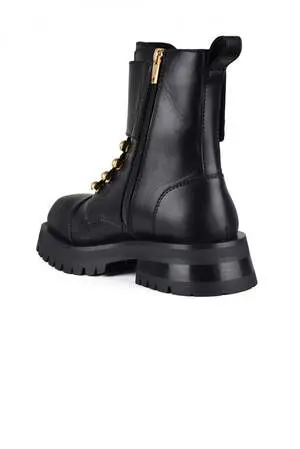 Balmain Leather Ranger Army Boots With Gold Embossed Button Detail - Black