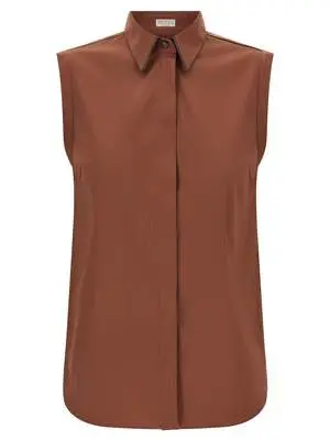 Brunello Cucinelli Sleeveless Shirt With Monile Trim - Brown