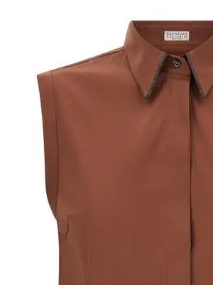 Brunello Cucinelli Sleeveless Shirt With Monile Trim - Brown