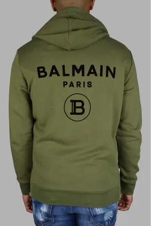 Balmain Khaki Cotton Zip-up Hooded Cardigan With Logo Detail - Yellow