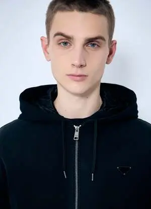 Prada Denim Hooded Jacket With Logo Plaque