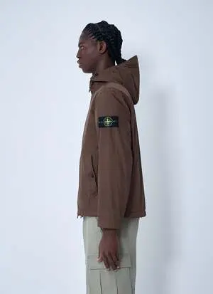 Stone Island Hooded Zip-up Lightweight Jacket With Logo Patch - Brown